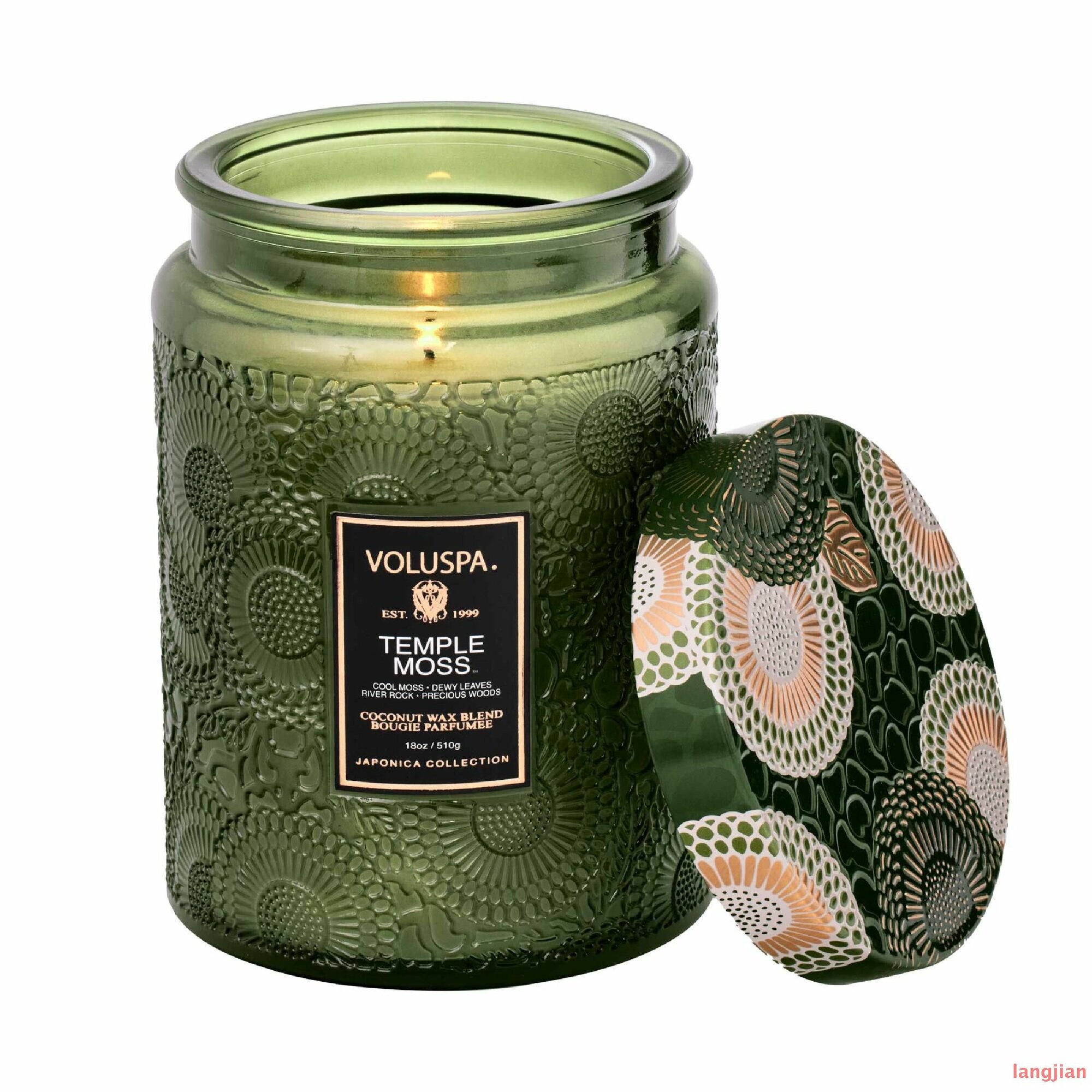 Свеча ароматическая VOLUSPA "Храмовый мох" / TEMPLE MOSS в стеклянном подсвечнике с крышкой, 1 хлопковый фитиль, 100 ч. горения, 510 гр