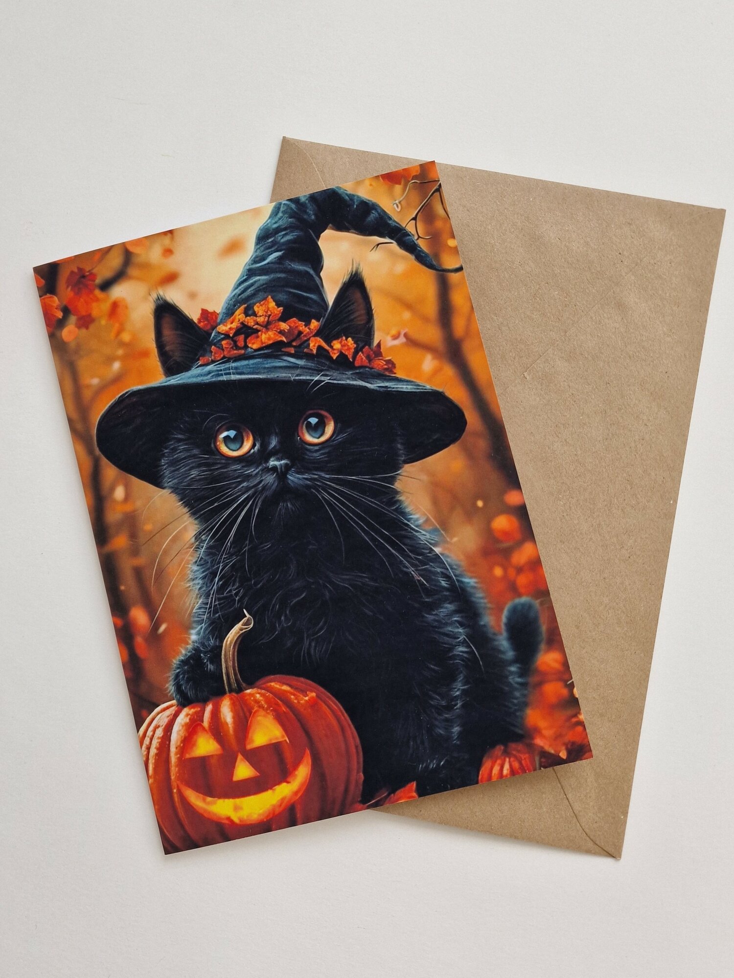 Открытка на хэллоуин "Черный кот и тыква", поздравительная, 15x21 см, конверт в комплекте