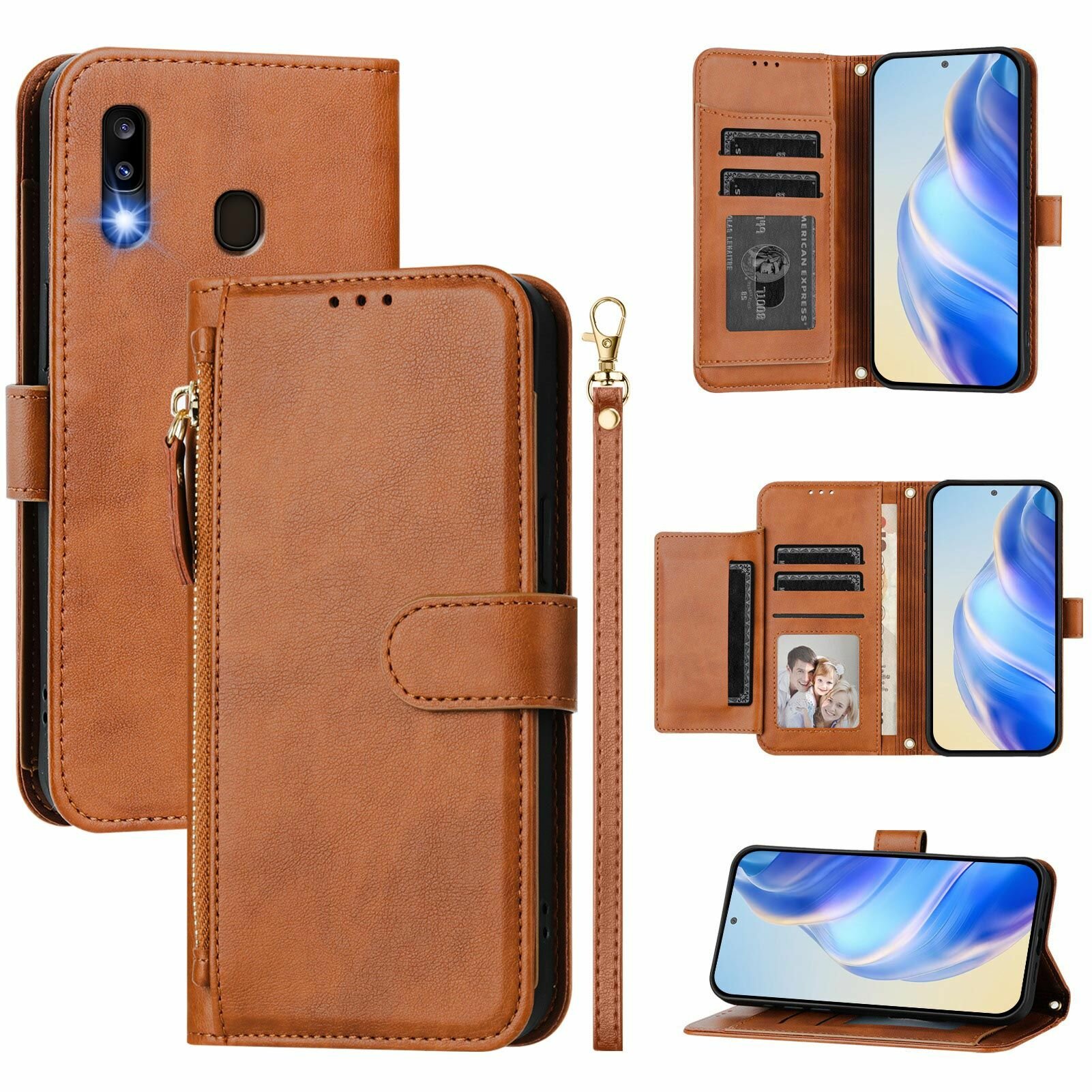 Кожаный книжка чехол в виде бумажника для Samsung Galaxy A20, A30, M10S/ Самсунг Галакси А20 А30 M10с с застежкой-молнией, коротким шнуром, Складной слот для карт и отделением для кошелька