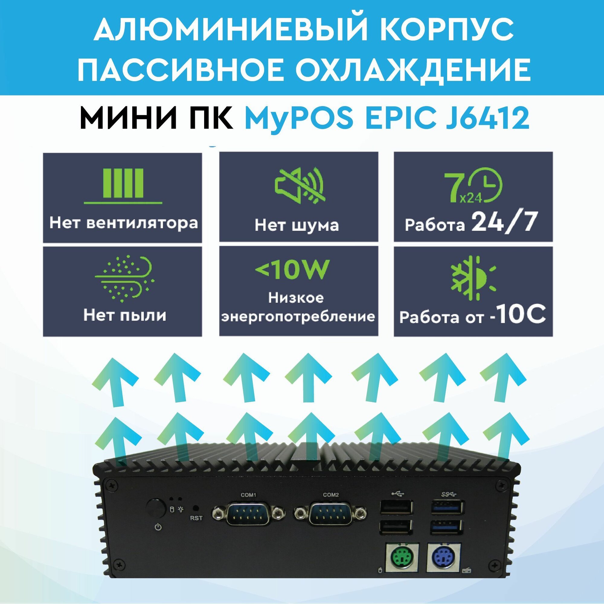 Мини-ПК MyPOS EPIC J6412, RAM 8Gb, SSD 240GB, 5 RS232, 8 USB, VGA, HDMI, черный корпус