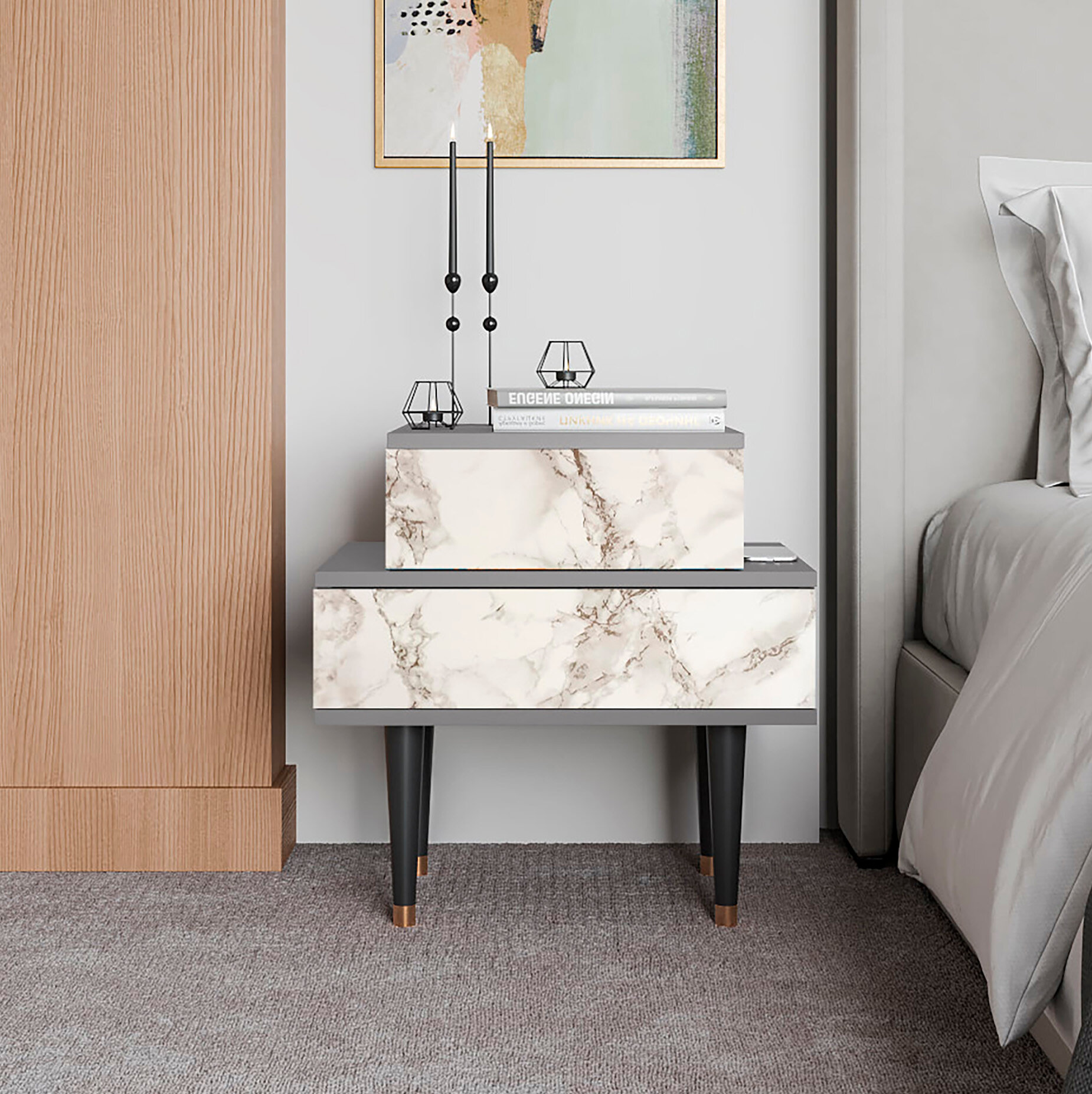 Прикроватная тумба - STORYZ - NS1 Milk Marble, Размер - 58 x 58 x 41 см, Цвет корпуса - , Серый