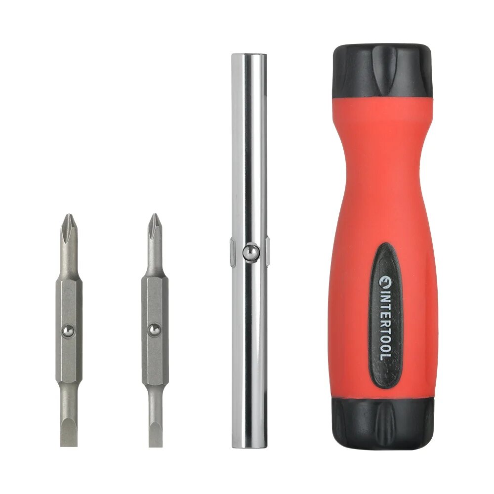 Отвертка INTERTOOL 4 в 1 VT-1008 для трубопроводов со стальными насадками и трешоточным механизмом — фото 1