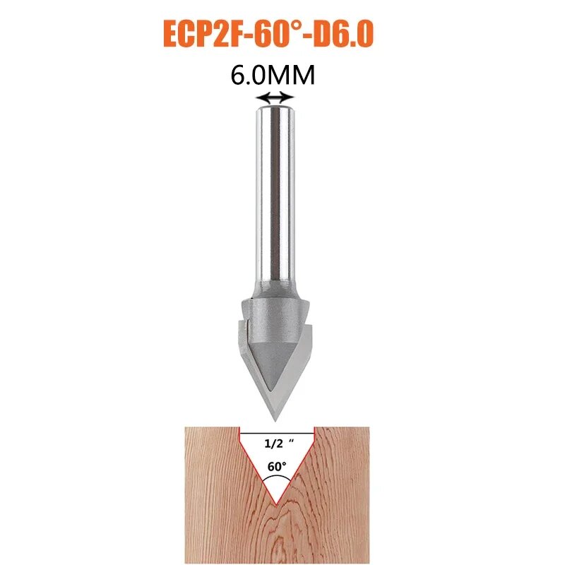 1 шт. V-образные концевые фрезы 3D-фрезы из твердосплавной стали V-образные концевые фрезы с фаской Деревообрабатывающие фрезы, 60 90 градусов хвостовик 6 8 1/4 дюйма ECP2F-60-D6.0