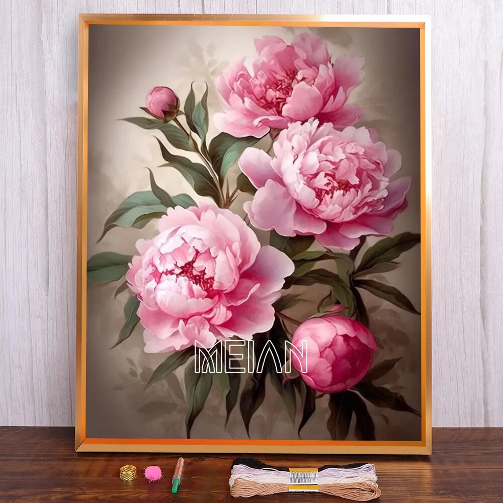 MEIAN Набор для вышивания,30x40CM, Чистый холст с сеткой,14CT, Пиони цветы