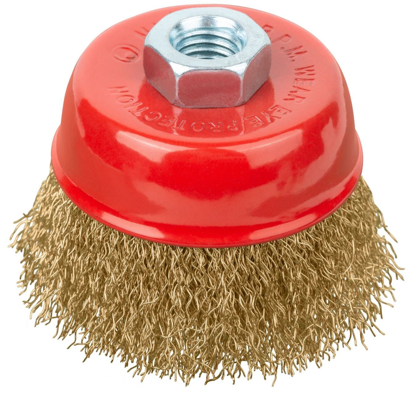 Корщетка-чашка, гайка М14, стальная латунированная волнистая проволока 75 мм