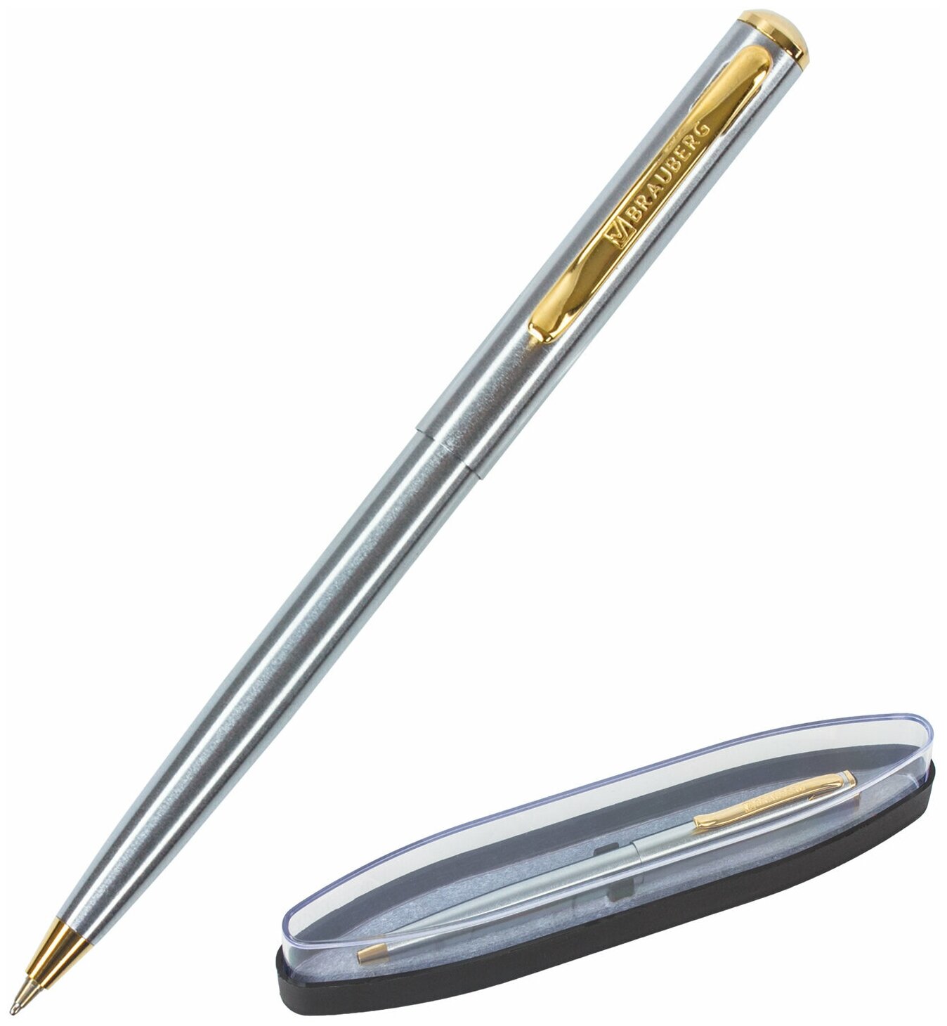 Ручка подарочная шариковая BRAUBERG Maestro, синяя, корпус серебристый с золотистым, линия письма 0,5 мм, 143468