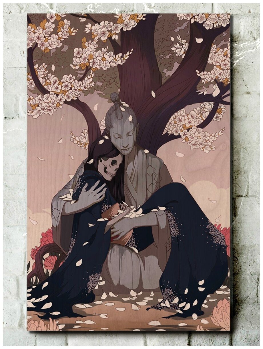 Картина интерьерная на дереве Девушка и статуя (Япония, Сакура, Череп) - 7602 В