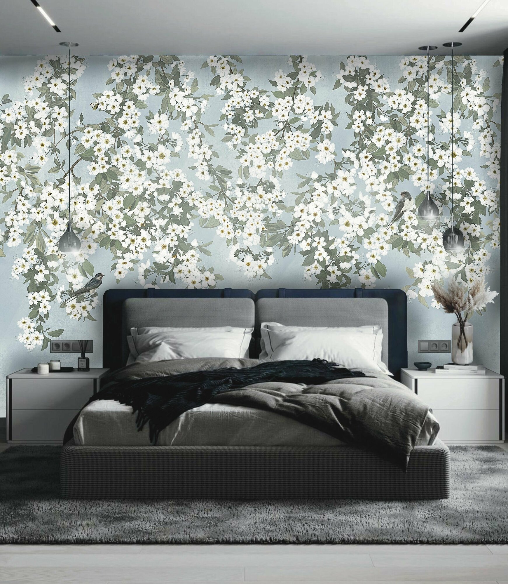 Фреска бесшовная Ласточки Голубой (текстура хлопок) (ширина 2550мм х длина 3500мм)