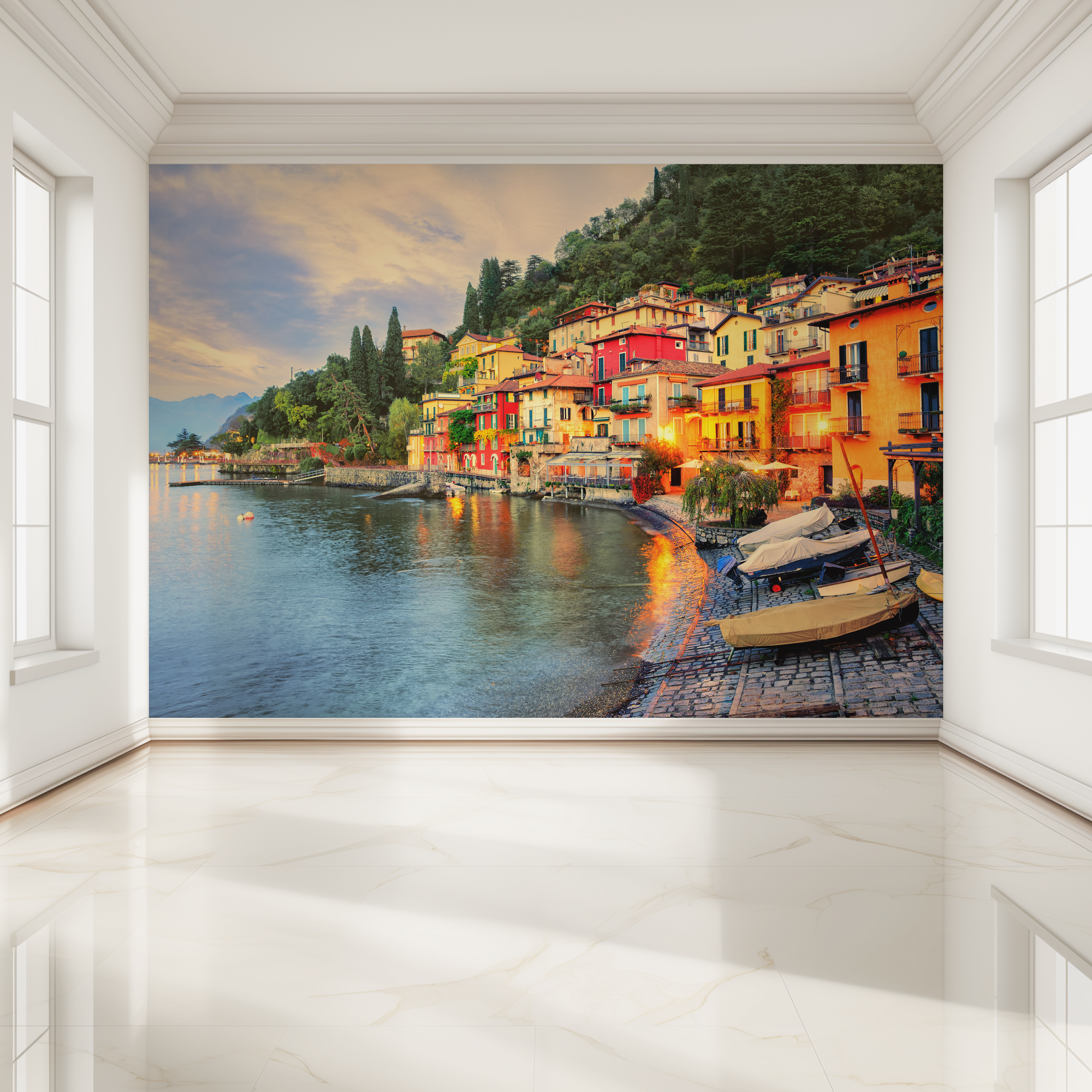 Фотообои 3д на стену "Набережная в Италии", флизелиновые 400х270 см на кухню, спальню, зал