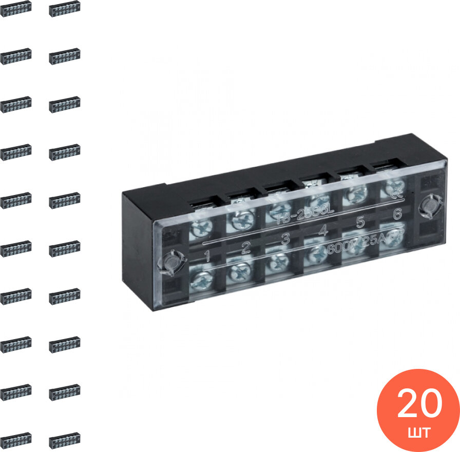 Блок зажимов EKF / ЕКФ PROxima TB-2506 колодка клеммная в корпусе из термопласта черная, сечение 2.5мм2, 25А, 660В, 6 пар контактов / электрика (комплект из 20 шт)