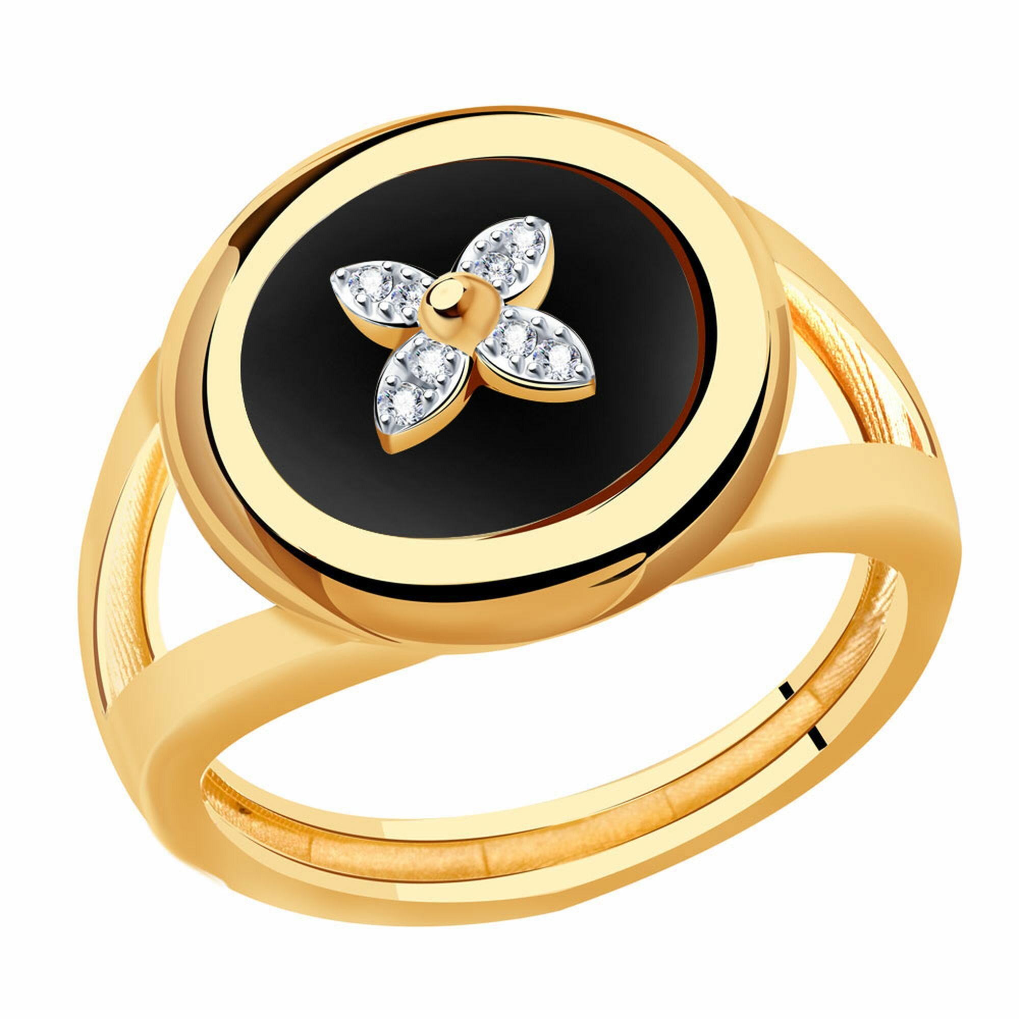 Кольцо, красное золото, 585 проба, фианит, оникс