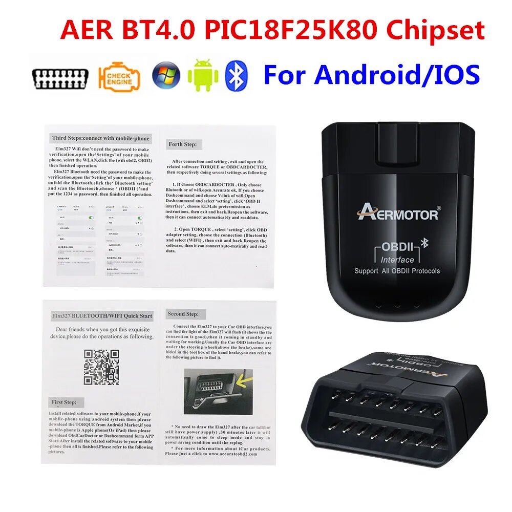 AERMOTOR OBD2 Bluetooth Считыватель, AER BT 4.0