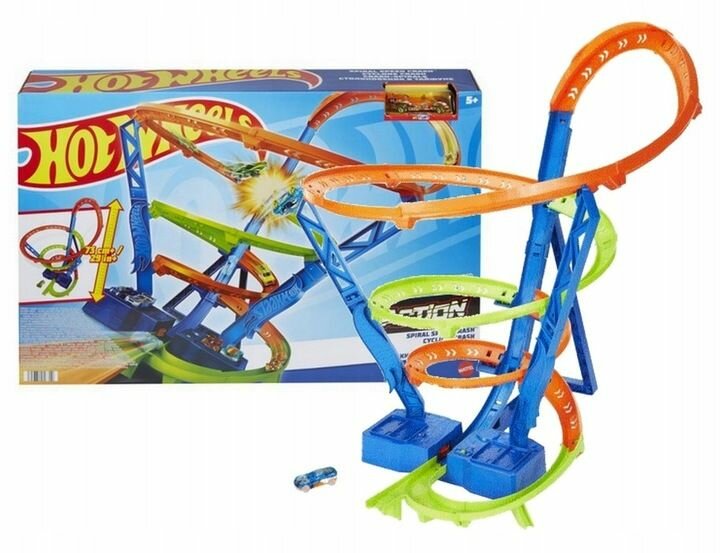 Игрушечный трек Hot Wheels - Игровой набор Tornado Racing/ высокая трасса Торнадо с приводом и 3 зонами столкновения - Хот Вилс HGV67