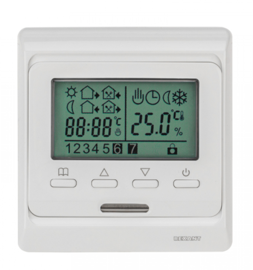 Термостат REXANT / Рексант R51XT цифровой программируемый, белый, 90×86х43мм, 16А 3680Вт, IP20 / терморегулятор