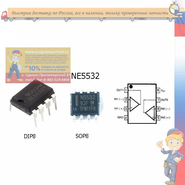 NE5532D, 2-х канальный, малошумящий операционный усилитель, 10МГц [SOIC-8]