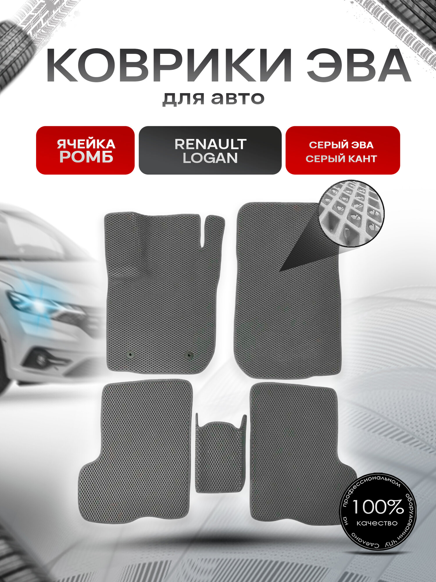 Коврики ЭВА для авто Renault Logan / Рено Логан 2014-2023 Серый С Серым Кантом