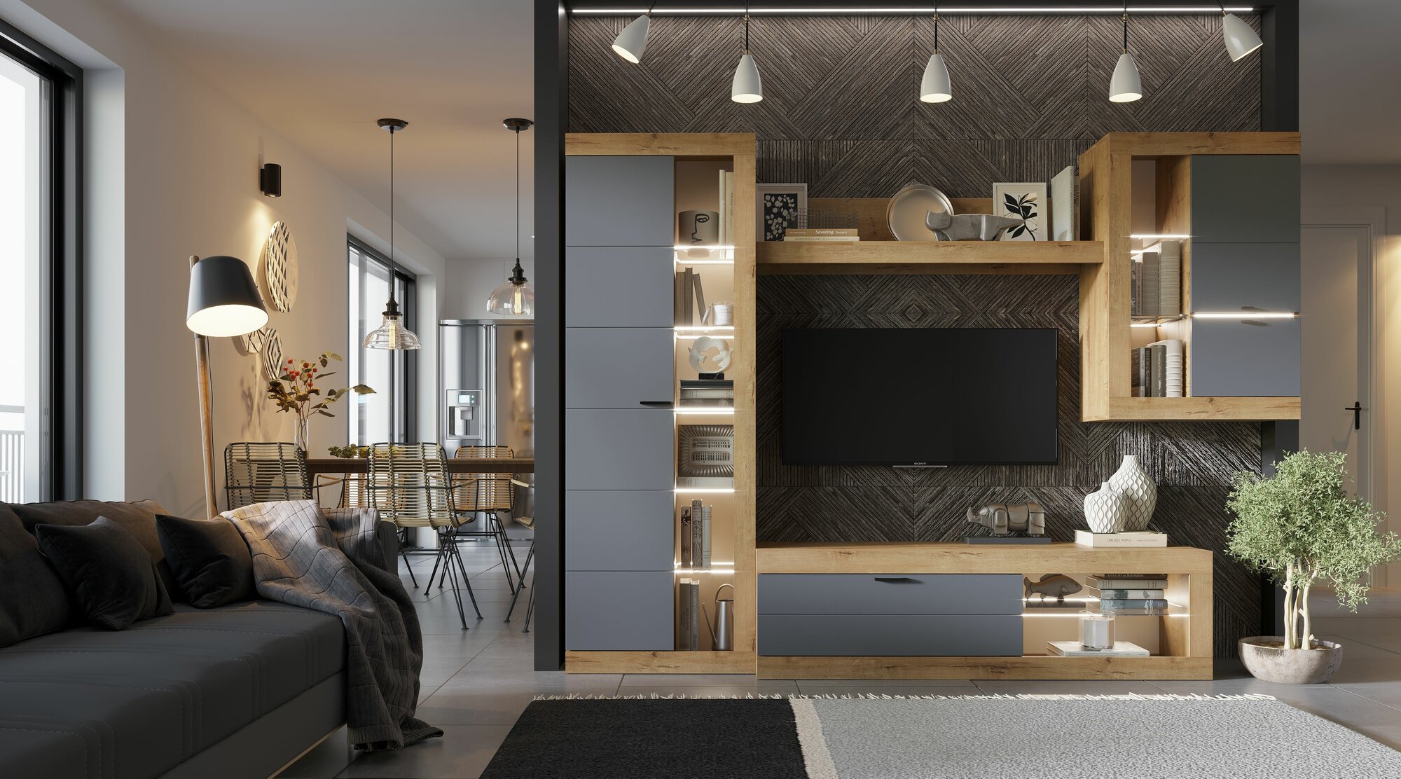 Комплект мебели для гостиной Прага (комп 44) Дуб Вотан/Графит Софт