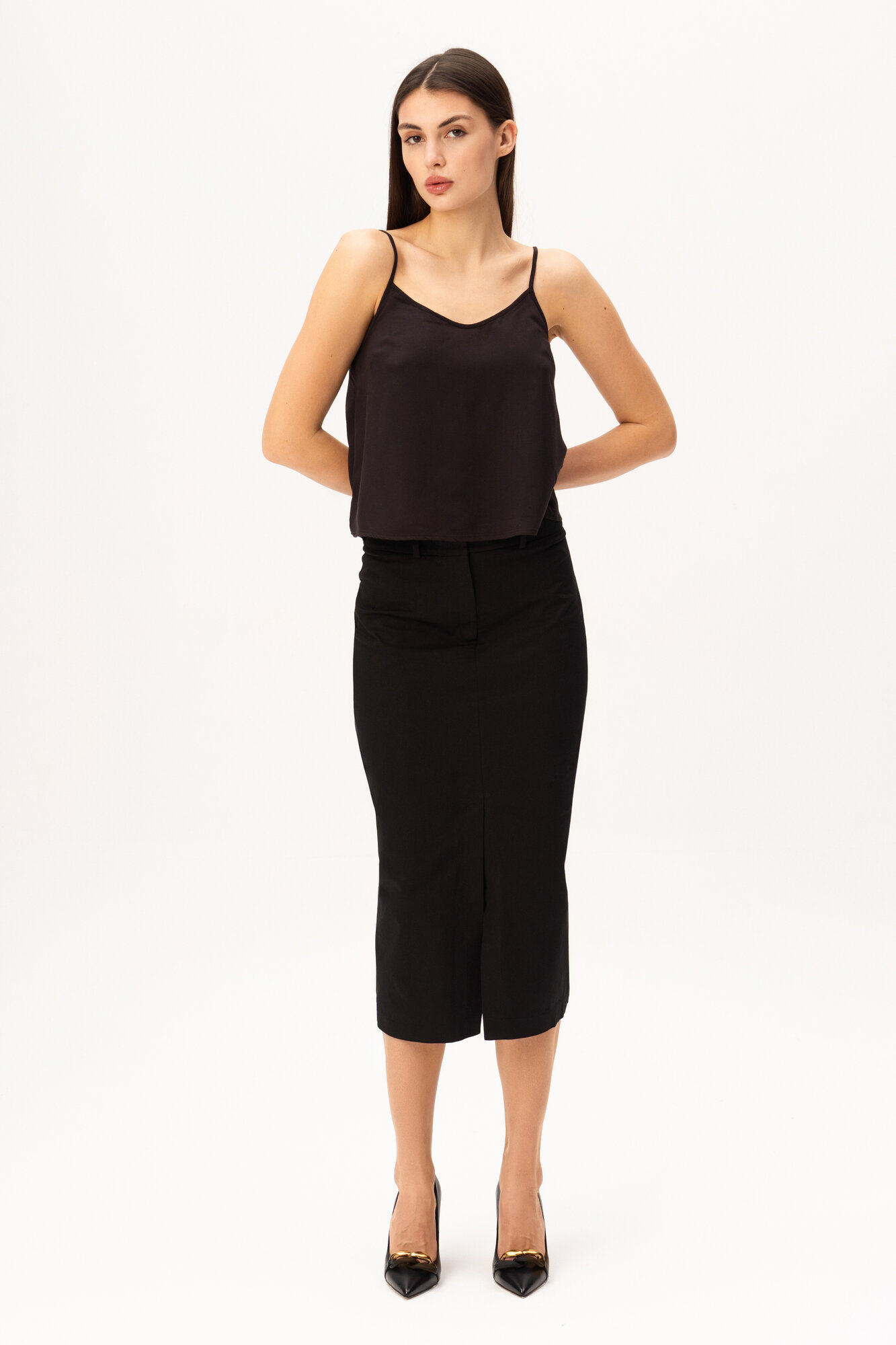 Юбка офис , миди юбка, черная , хлопок, летняя