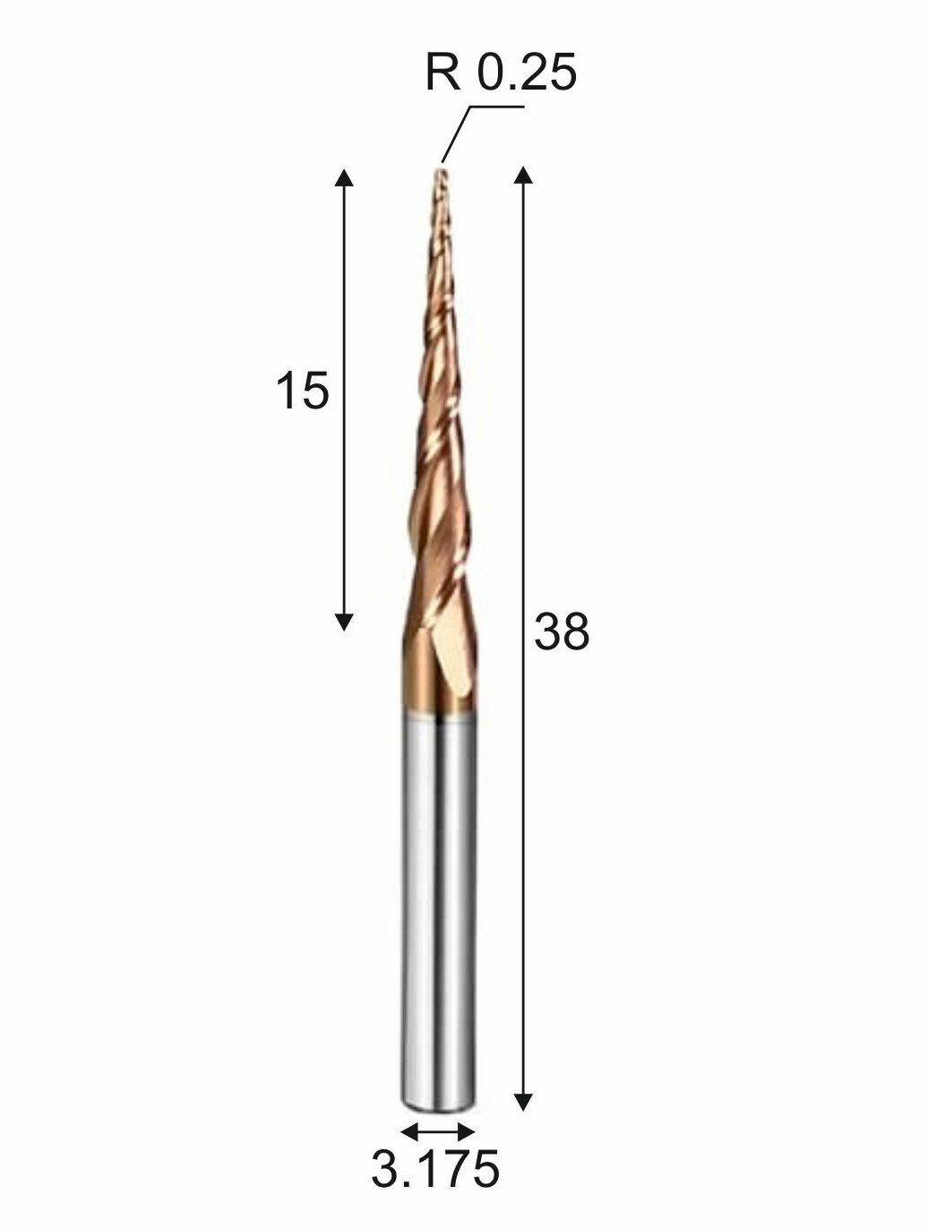 Фреза конусная двухзаходная сферическая для станков с ЧПУ R0.25х15х38х3.175