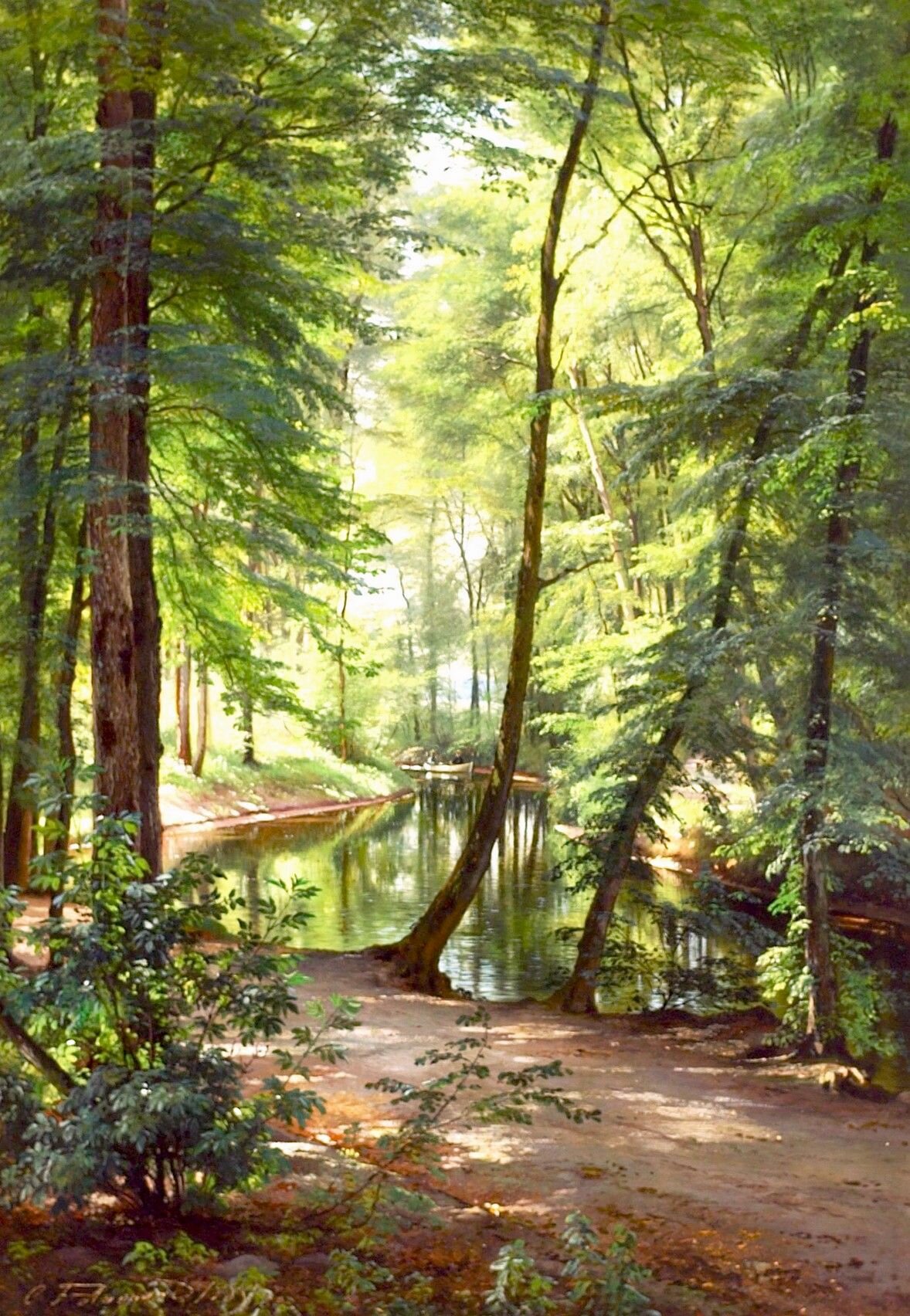 Картина Карла Фредерика Огора Лесная сцена с ручьем и мужчиной, ловящим рыбу с лодки 41х60 см