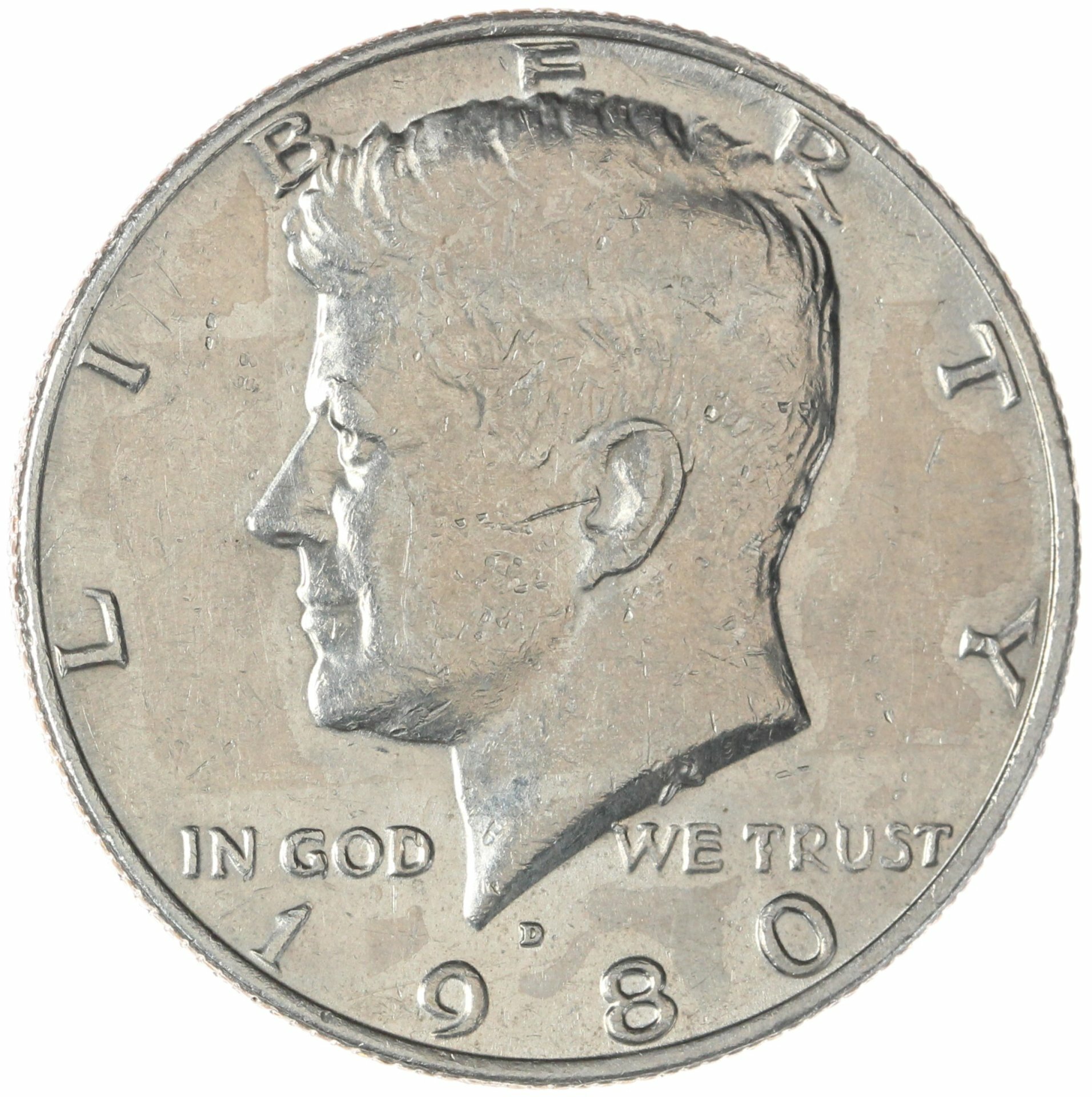 США 50 центов 1/2 доллара, half dollar 1980 D Kennedy Half Dollar Кеннеди знак монетного двора "D", Медь, в сохранности XF-AU