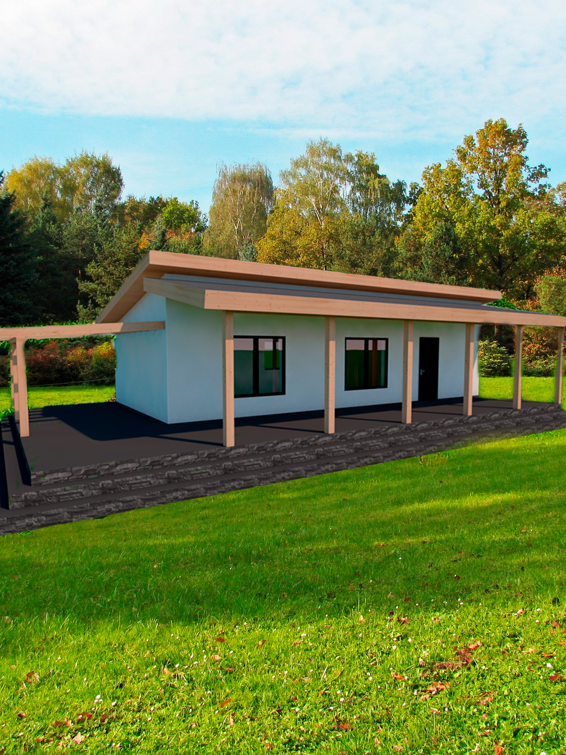 Проект одноэтажного каркасного дачного дома с кухней, гостиной и террасой 15,02х8,35 м