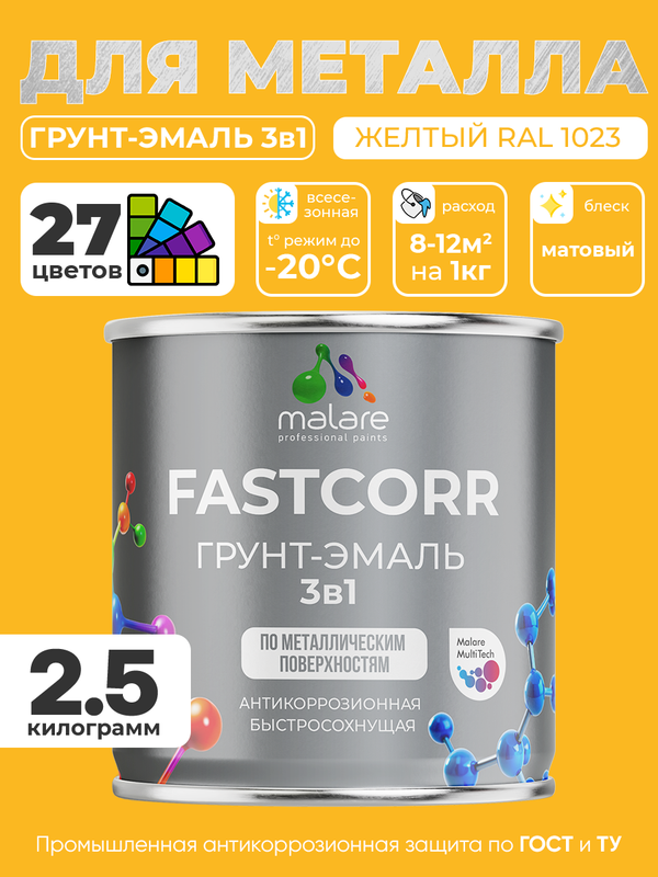 Грунт-эмаль по ржавчине 3 в 1 Malare FastCorr краска для металла, антикоррозионная износостойкая быстросохнущая RAL 1023, желтый, матовая, 2,5 кг.