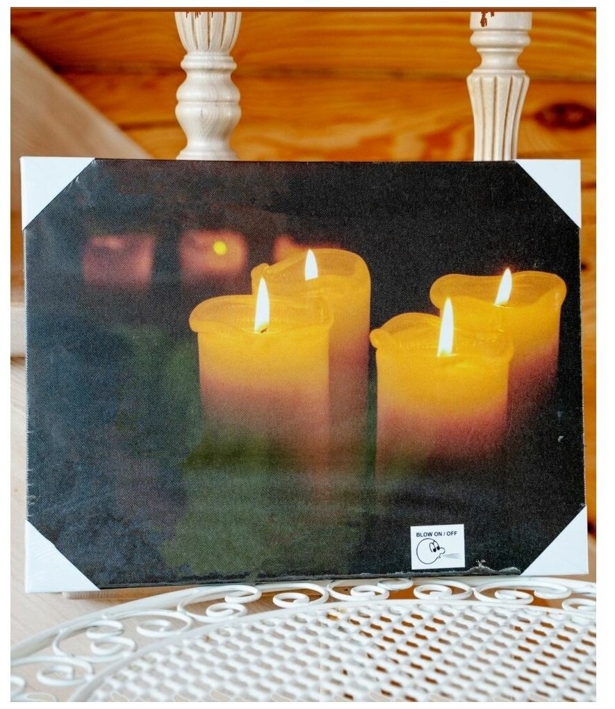 Светодиодное настенное панно горящие свечи с LED огнями, модель 2, 30х40 см, батарейки, Kaemingk 482603-2