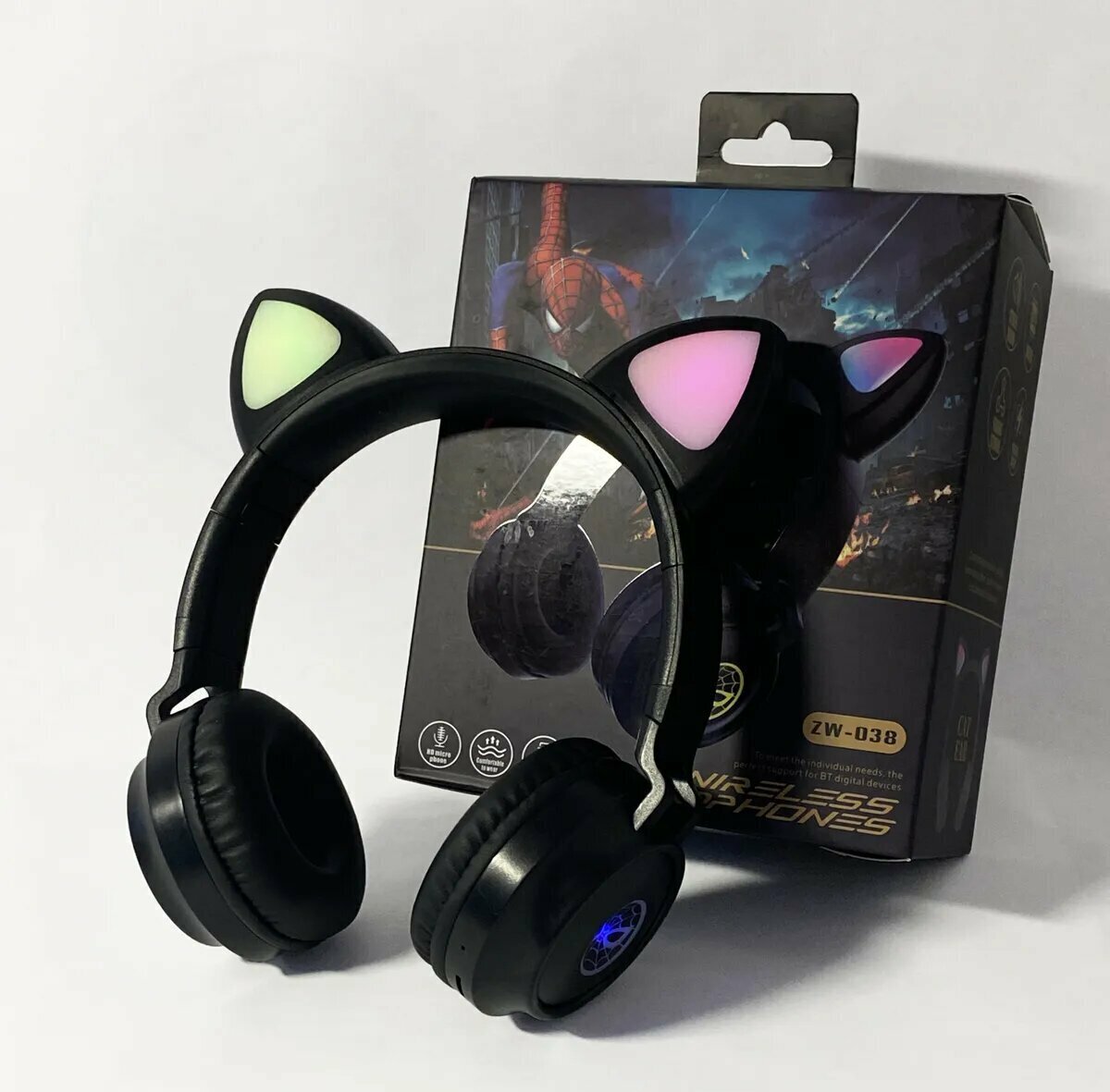 Наушники беспроводные светящиеся Bluetooth Cat Ear ZW-038 (Человек-паук), со светящимися кошачьими ушками.