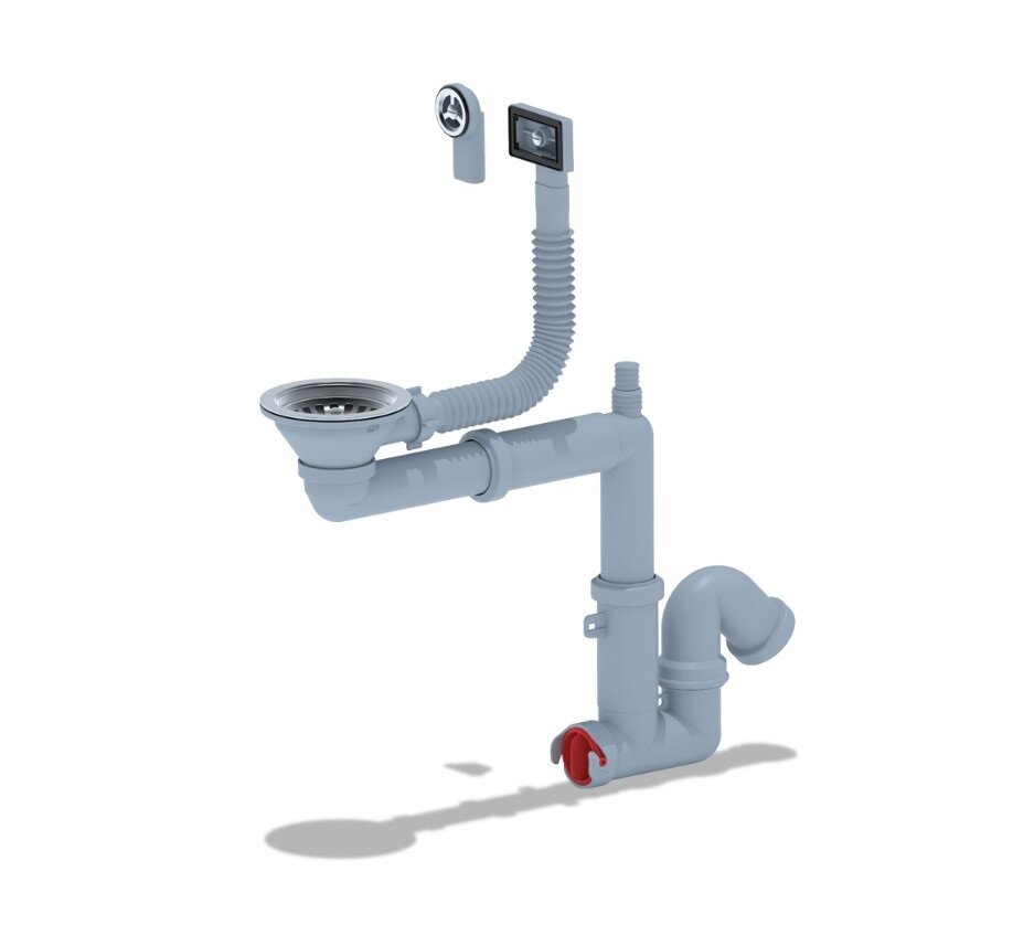 Сифон для мойки АНИ пласт F5345S, 3 1/2"х40мм, смещённый, с гибким круглым и прямоугольным переливом, с отводом для бытовой техники