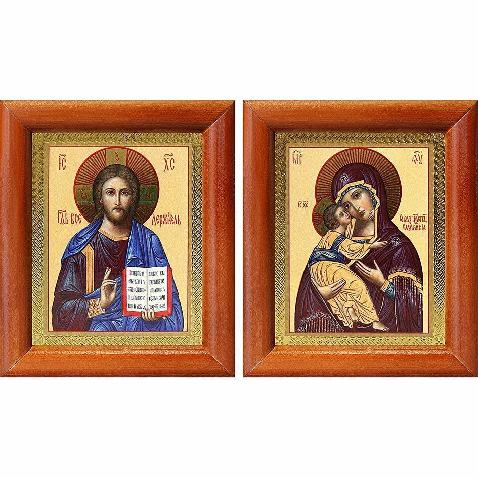 Венчальная пара "Спаситель-Владимирская" (лики № 001-011), две иконы в деревянных рамках 8*9,5 см