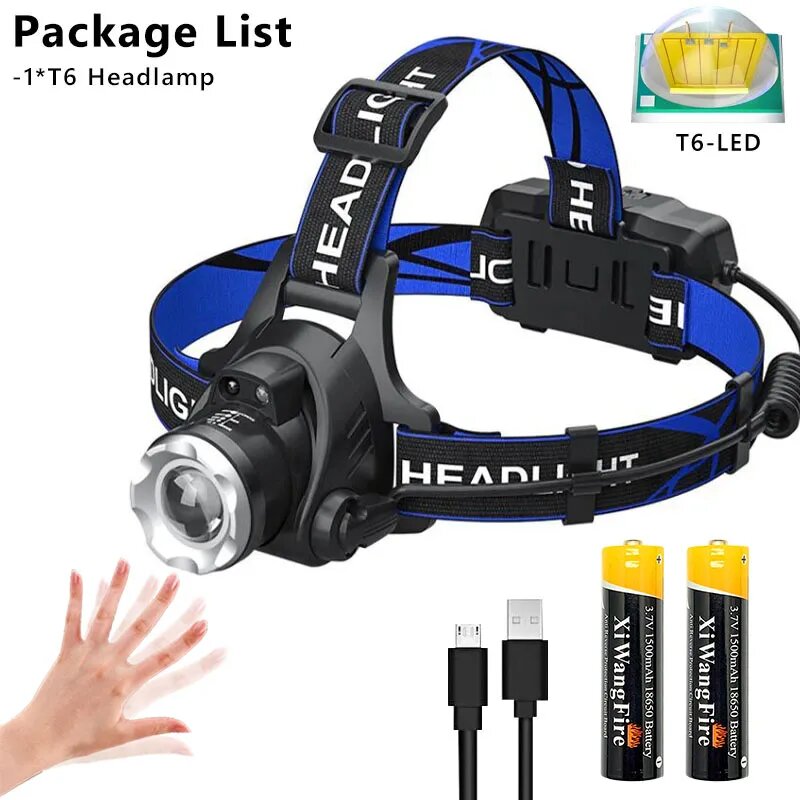Налобный фонарь T6, черный, Sensor Battery D