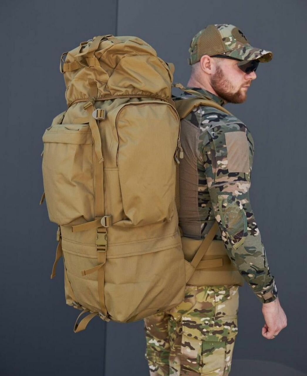 Рюкзак походный Шторм для туризма с каркасной рамой и дождевиком/баул тактический 120 литров, койот