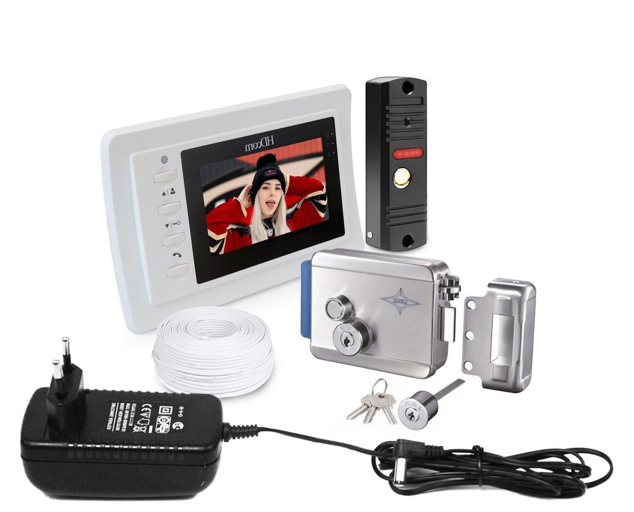 Набор: видеодомофон AX-091 и HD-ком W(417-NM) (Z61943AN) и электромеханический замок - полный комплект системы ограничения доступа с замком