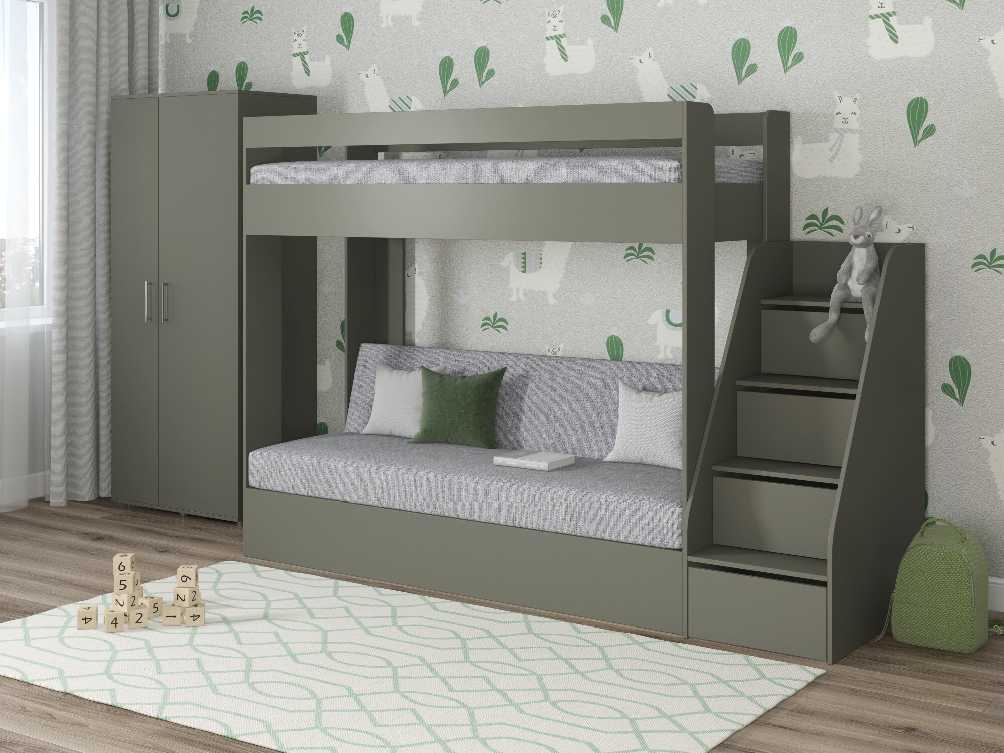 Кровать двухъярусная с диваном, матрасом и комодом Есэндвич Лаворо (Хаки/Savana Plus Ash)