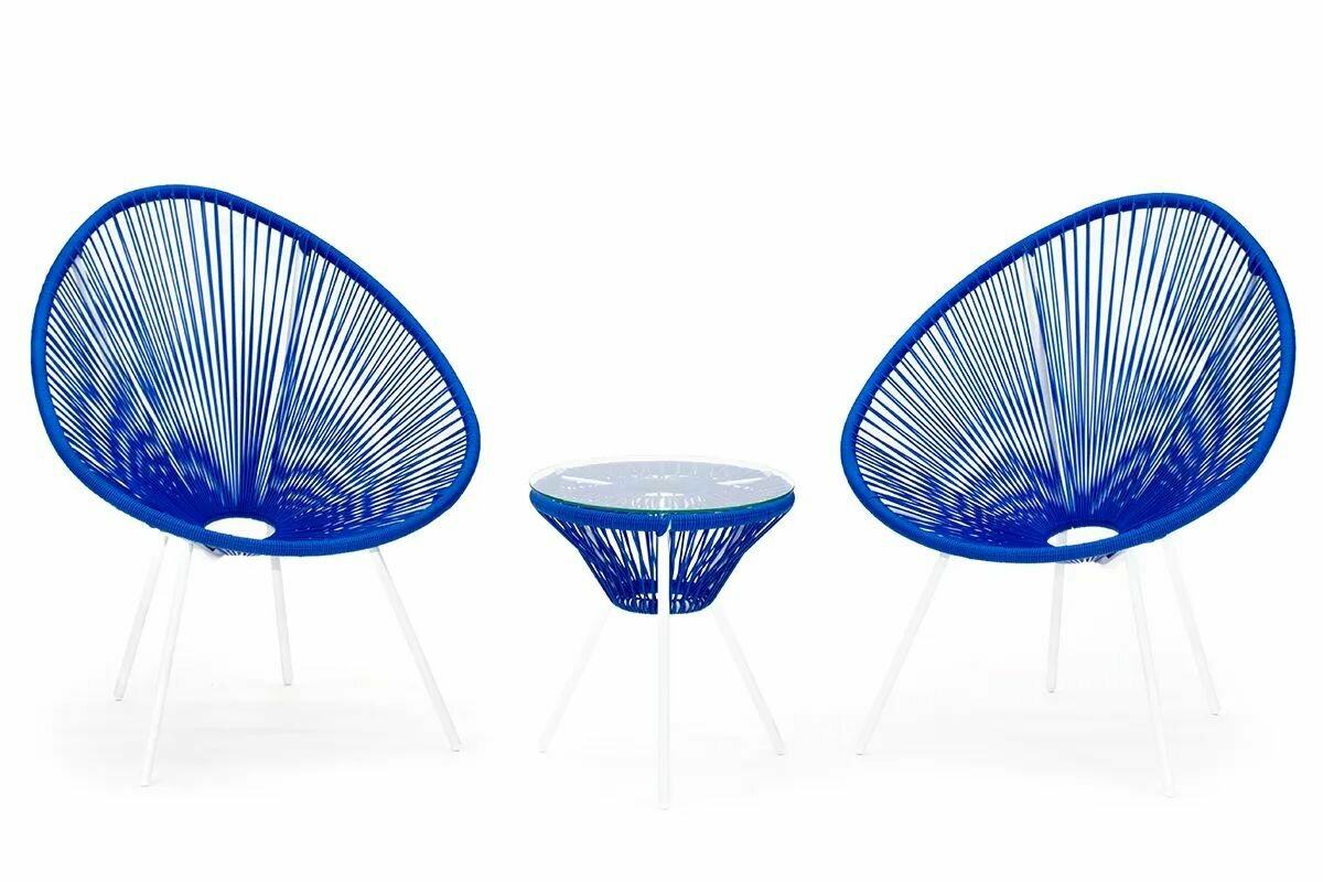 Комплект плетеной мебели KORNERA "Акапулько" на 2 персоны, каркас белый, искусственный ротанг синий