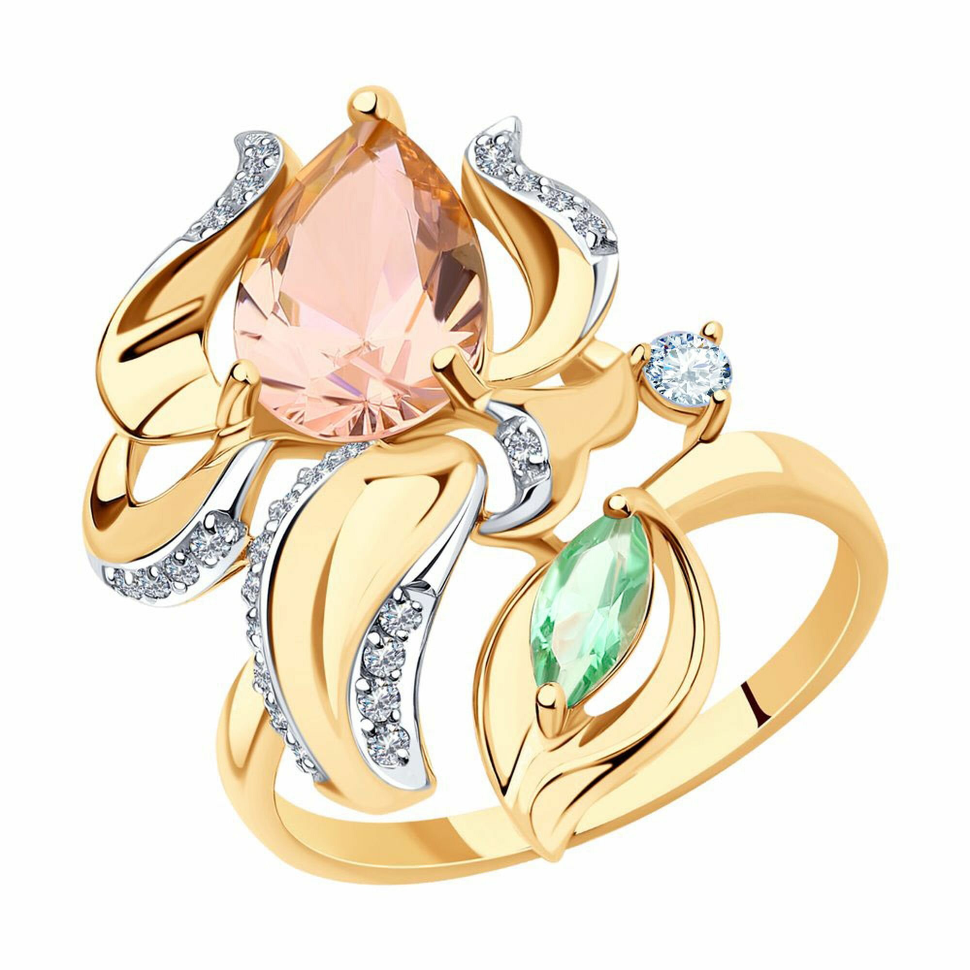 Кольцо, красное золото, 585 проба, кварц, морганит, топаз, фианит