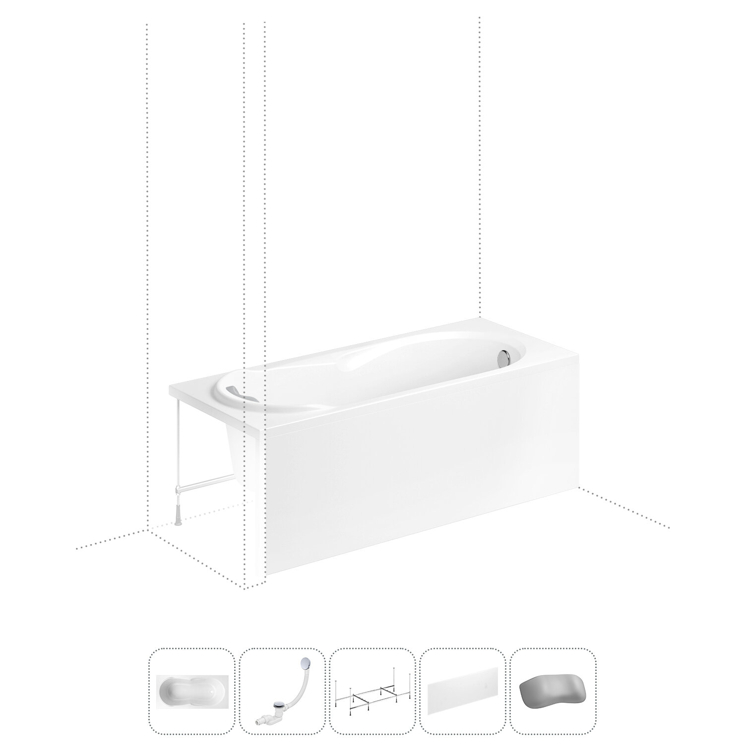 Акриловая ванна 150x70 с каркасом и экраном Lavinia Boho Easter Pro 202011614 в наборе 5 в 1: прямоугольная ванна 150 x 70 см, слив-перелив, каркас, экран, подголовник