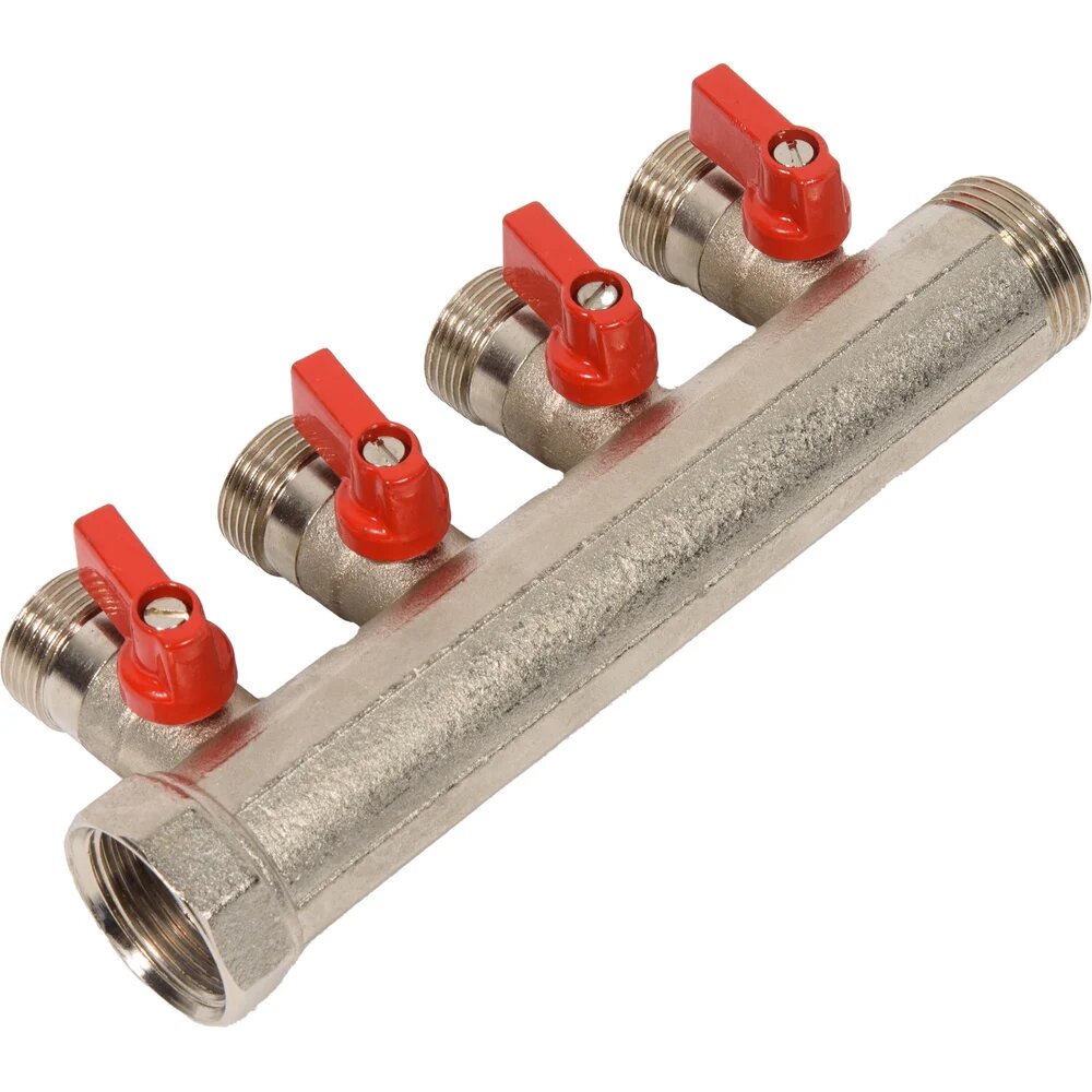 HENCO Коллектор 1" с красными шаровыми кранами, 3/4"НР евроконус, 1"-4xEK14,16,18,20 VB060504-ROOD