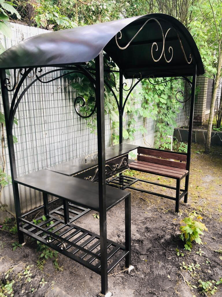 Мангал - Беседка с односкатной крышей "Идея Плюс" цельносварная конструкция, съемная жаровня, с лавочкой, со столиком