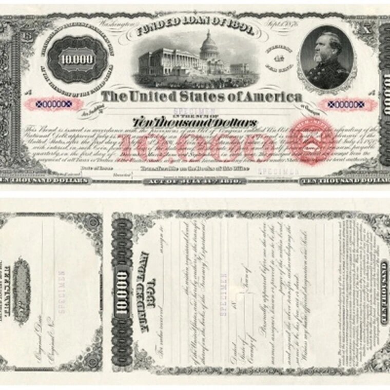 10000 долларов 1876-1891 олигация США "образец", сувенирная копия, банкноты и купюры редкие коллекционные