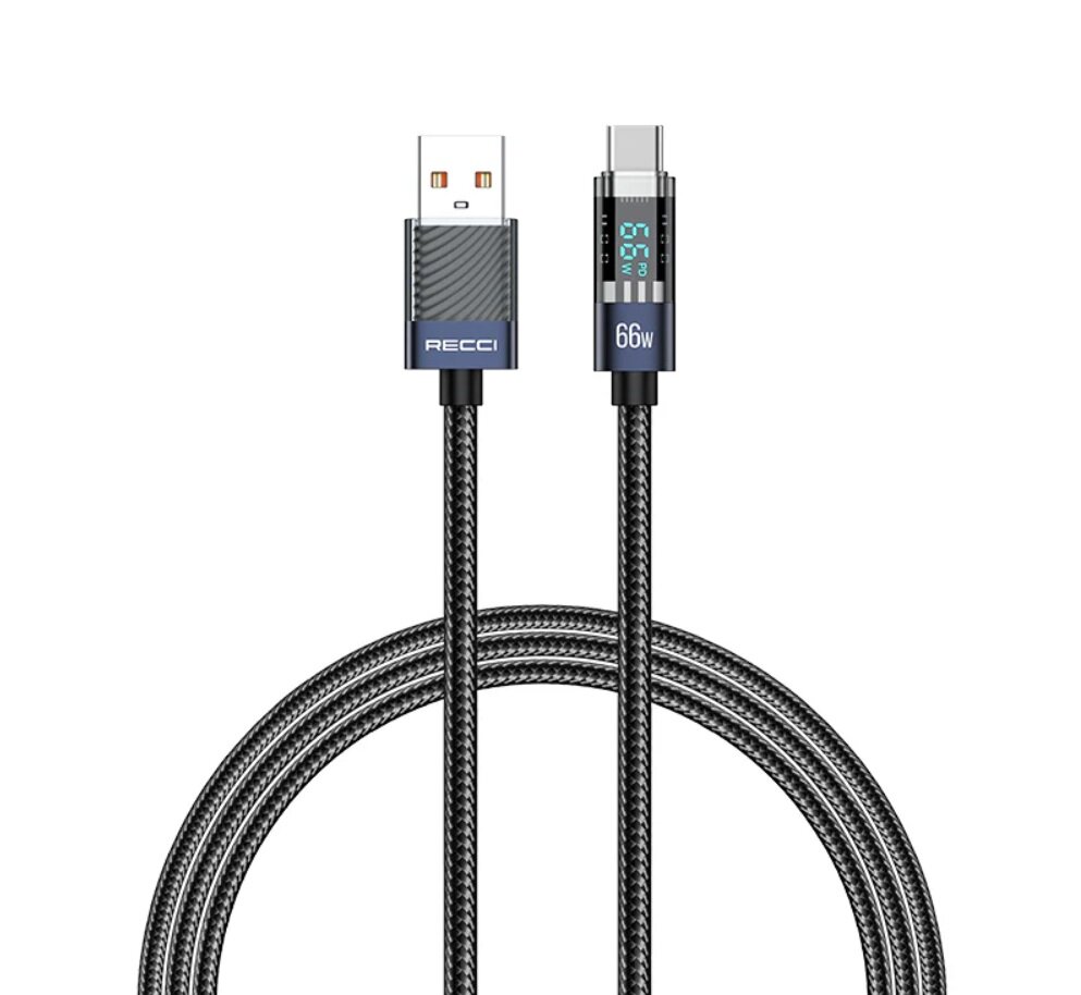 Кабель для быстрой зарядки Recci Crystal Display Fast Charging, USB to Type-C, 66W, 6A, 120 см, Полуночно-Синий