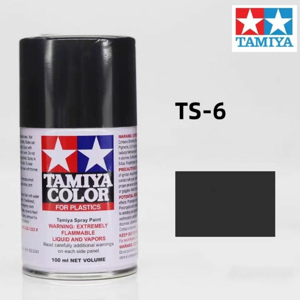Tamiya TS-6 Матовый черный 100 мл, аэрозольная акриловая краска-спрей для моделей и хобби для пластика и дерева с большим факелом распыления, удобна для покраски больших площадей