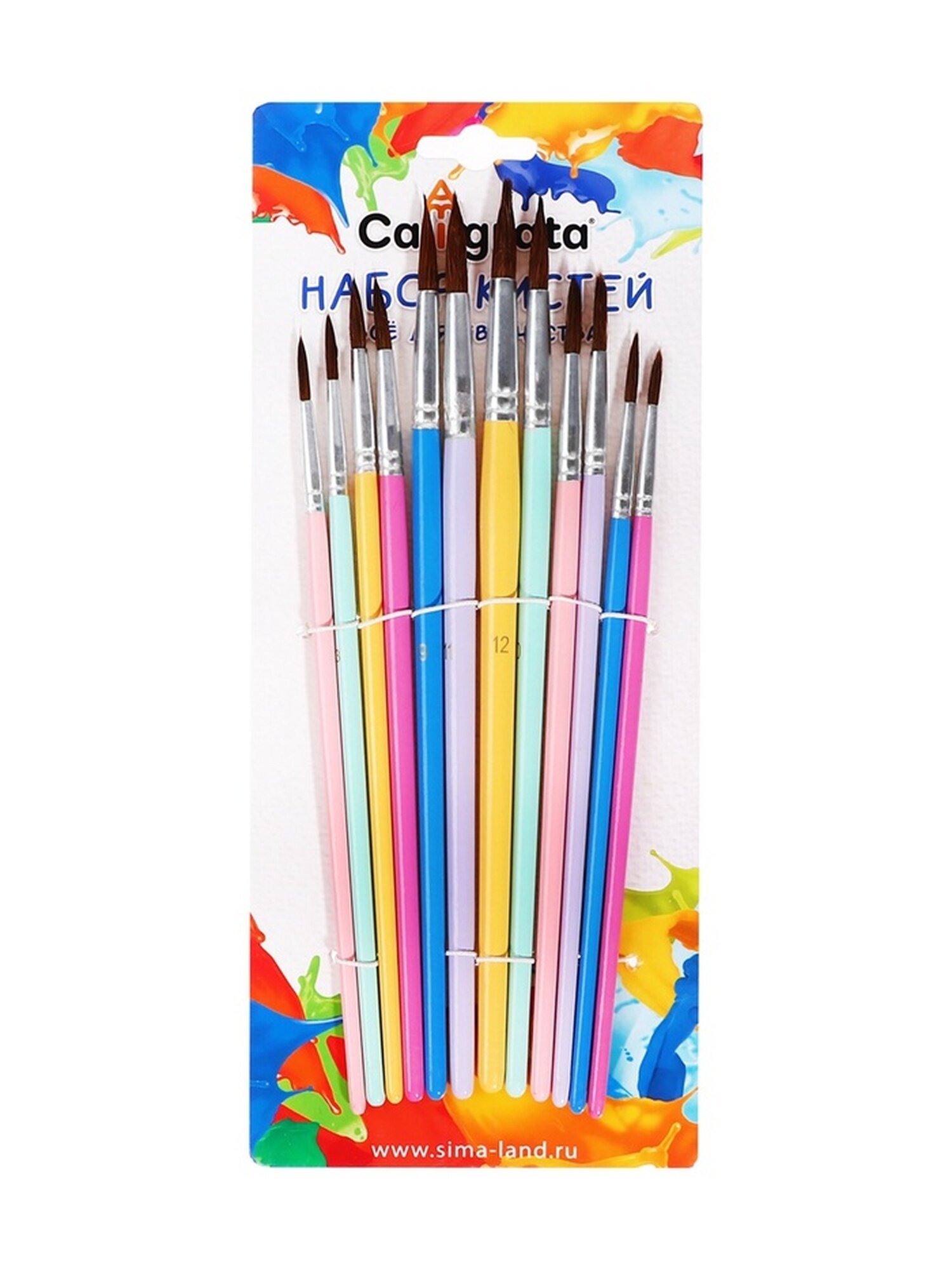 Набор кистей пони круглые 12 штук с цветными ручками, пастель(№1.2,3.4,5.6,7.8,9.10,11.12)