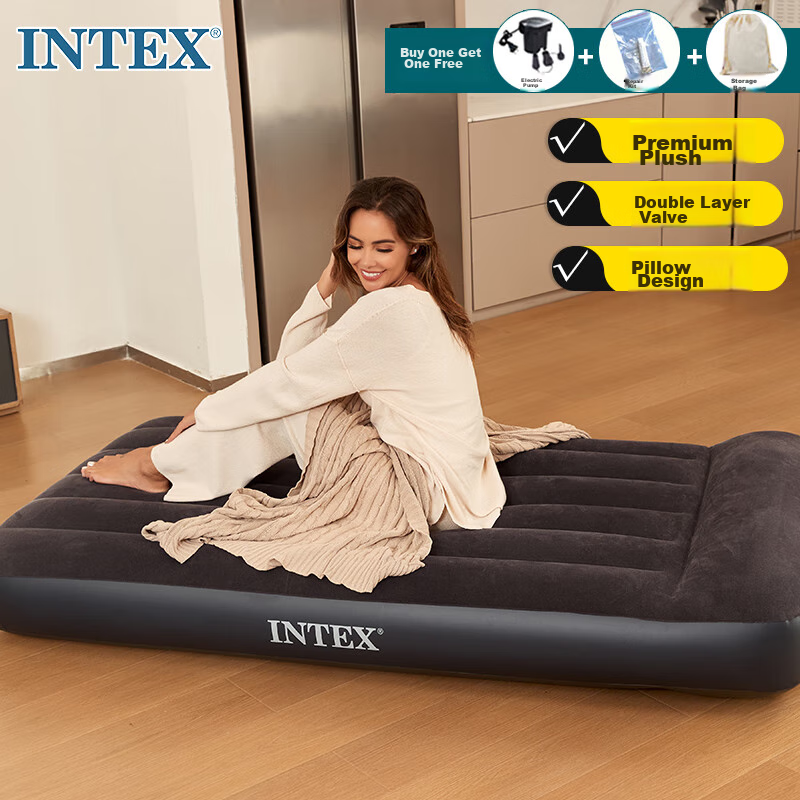 INTEX64141 Single-Person Built-In Pillow Inflatable Mattress for Home, Outdoor, Car, Tent, Foldable Bed with Electric Pump