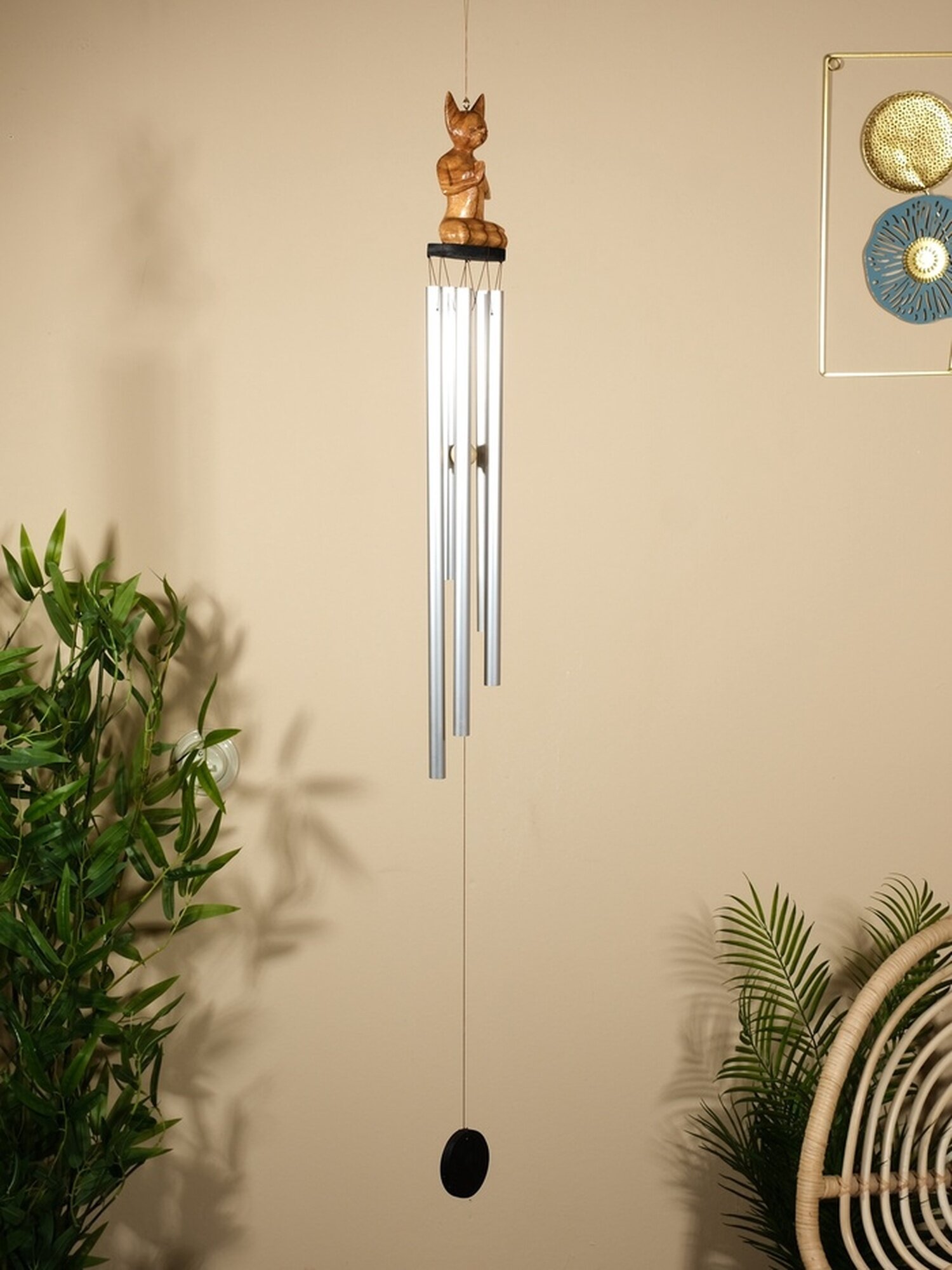 Музыка ветра Сима-ленд "Кошка", дерево, алюминий, 7x7x70 см, бежевая