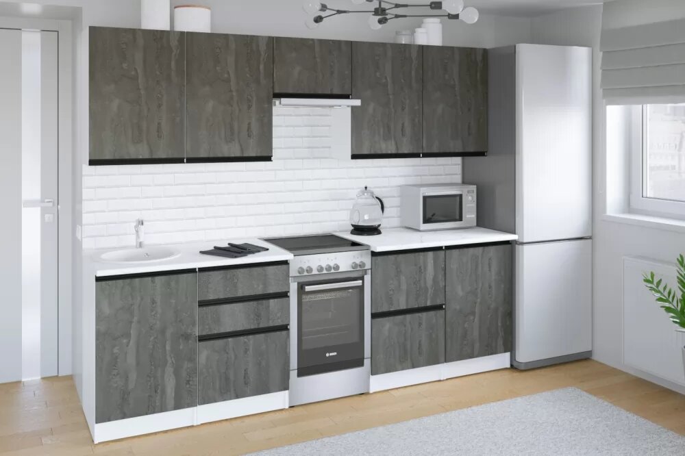 Кухонный гарнитур Герда Ноктюрн мега 2500 мм, каркас ЛДСП, фасад ЛДСП, Белый/Бетон темный