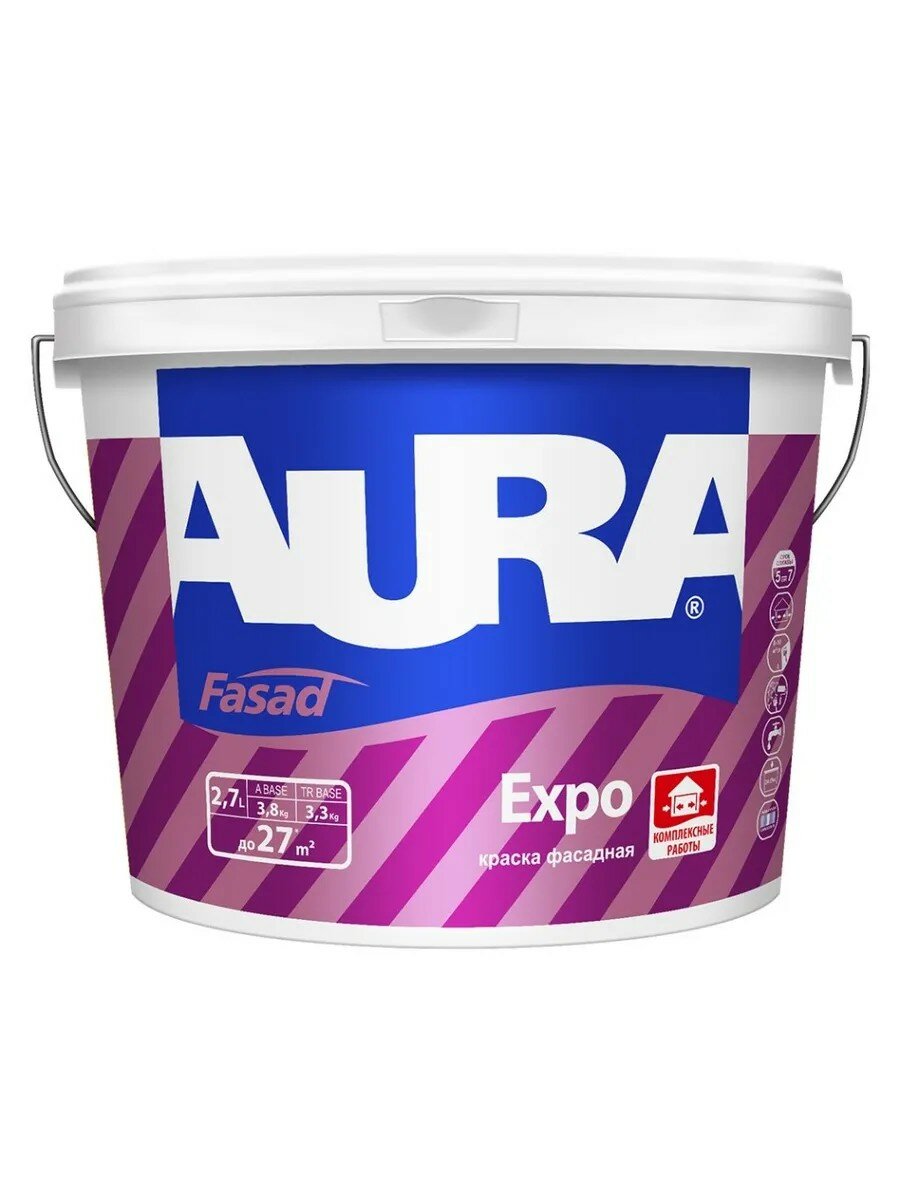 Краска воднодисперсионная, Aura, Expo, акриловая, фасадная, влагостойкая, матовая, 2.7 л