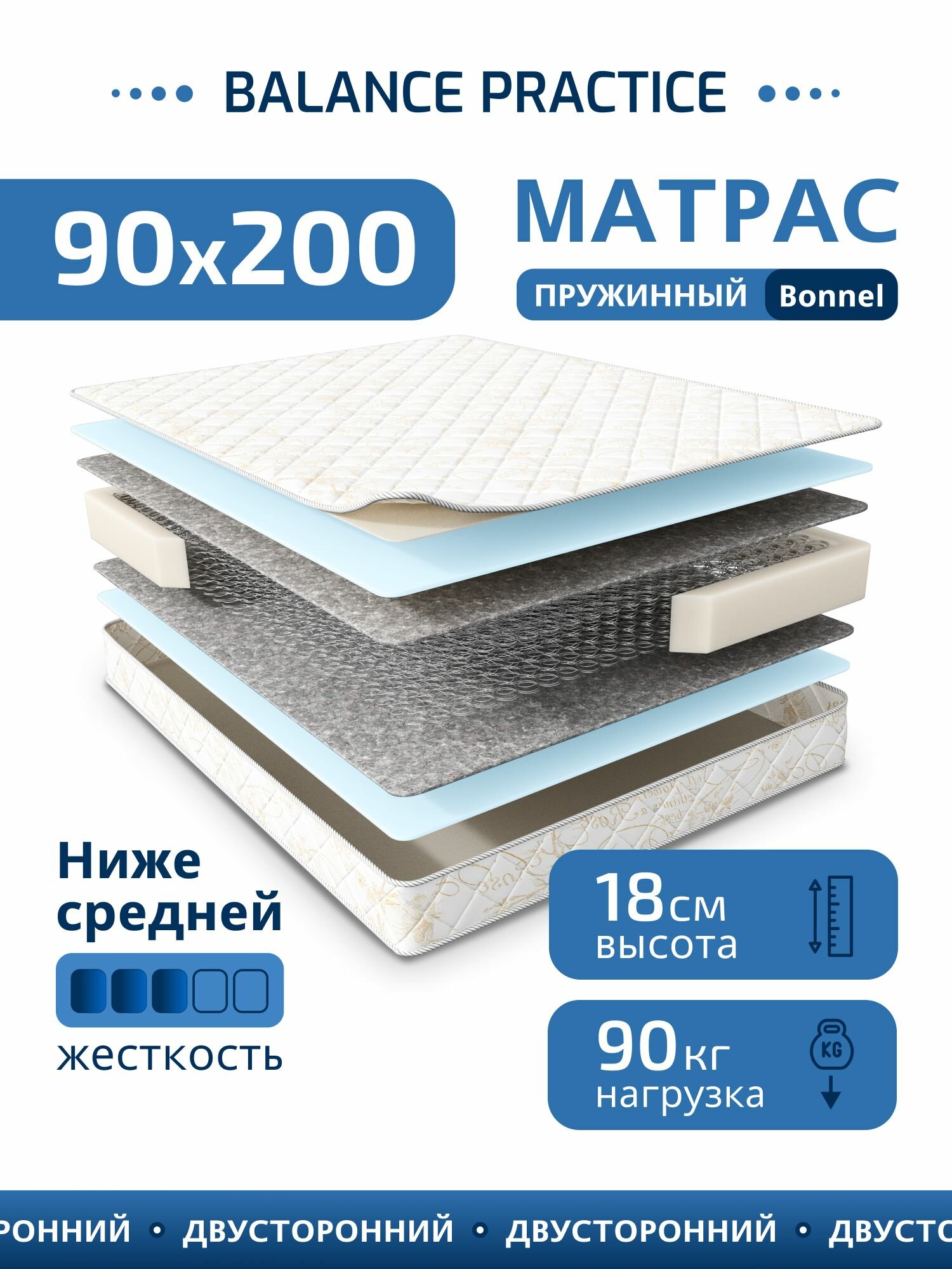 Матрас ортопедический пружинный 90x200 см BALANCE PRACTICE, Зависимые пружины, высота 18 см, 1 шт, белый