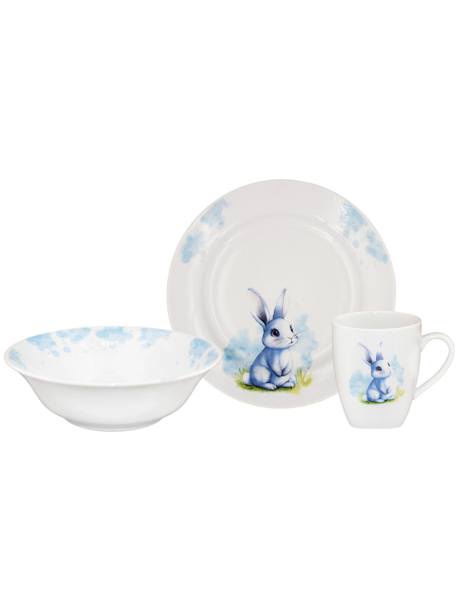 Набор детской фарфоровой посуды из 3-x предметов "Зайка голубой" Дулево (салатник, тарелка, кружка Глория)
